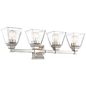 Regency Hill Mencino Mid Century Modern Wall Light Satin Nickel Silver Metal Hardwired 28" Wide 4-Light Fixture Clear Glass Cone Shade for Bathroom Vanity Mirror House Home Room Decor