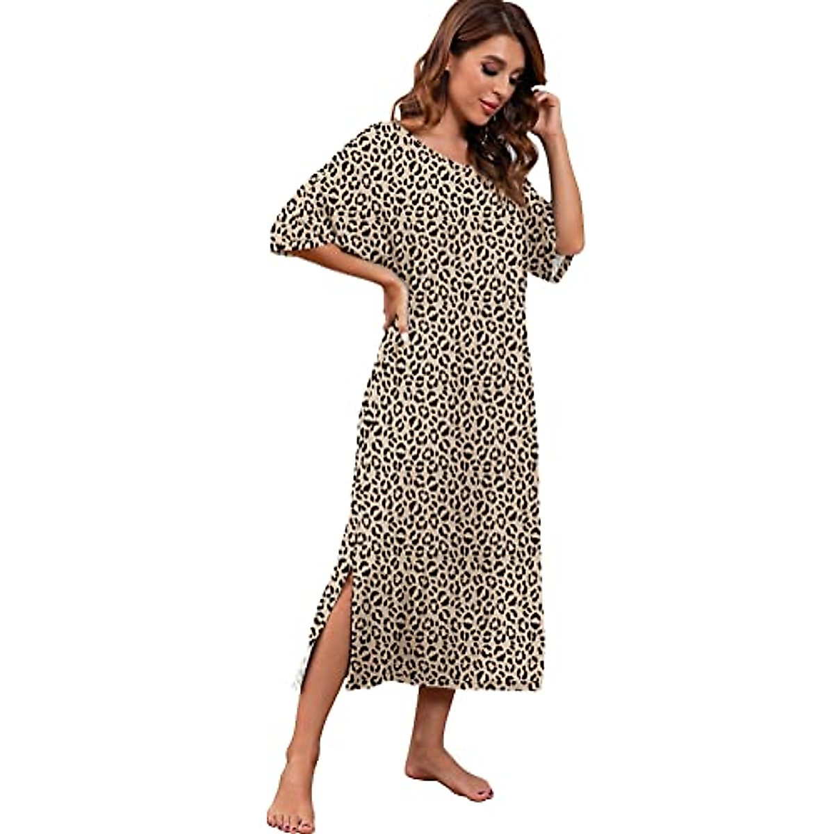 PrinStory Womens Long Nightgown Round Neck Nightshirts Short Sleeve Loose Loungewear Casual Sleep Dress With Pockets FP-Leopard Khaki-X-Large