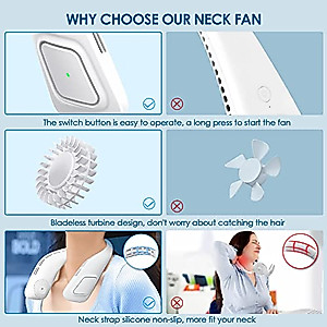 MKG Portable Neck Fan, Wearable Personal Fan with 3 Speeds Wind 3600mAH Battery Operated Rechargeable Fan, 360° Freely Adjust Hands-Free Bladeless Neck Fan for Home Outdoor Sports Office Camping