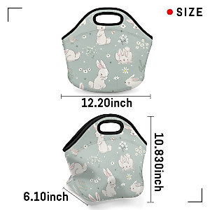 Insulated Neoprene Lunch Bag for Women Men Kids Cute Rabbit Bunny Flower Lunch Box Reusable Small Lunch Tote Bag Cooler Bag for School Work Picnic