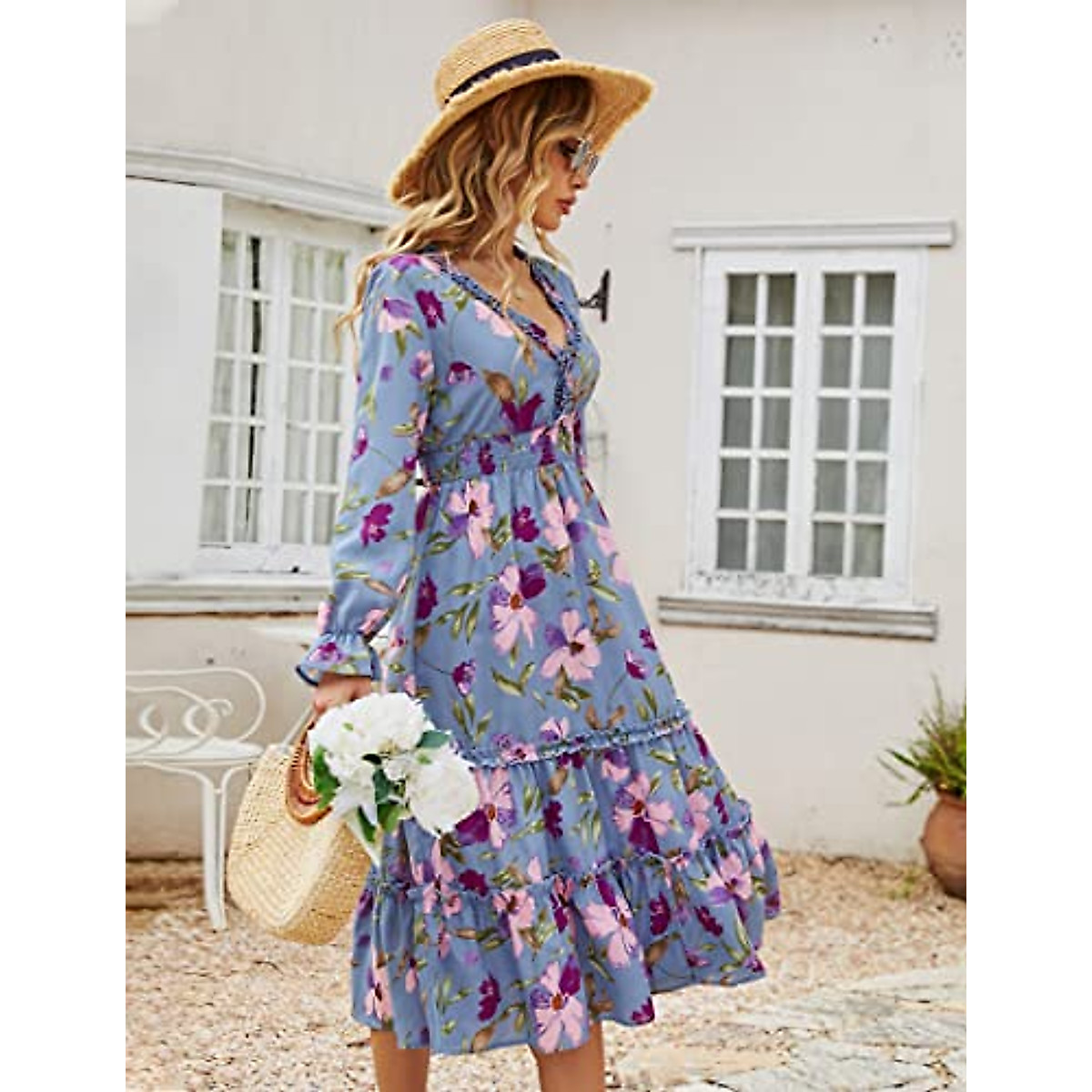 KOJOOIN Womens Long Sleeve Deep V Neck Ruffle Floral Print Maxi Dress High Elastic Waist Flowy Beach Dress Blue M