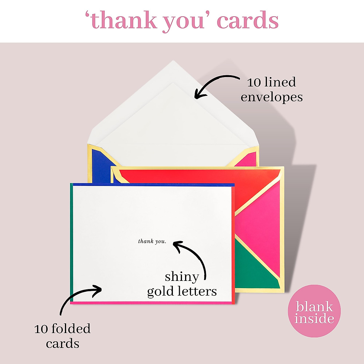 kate spade new york Blank Thank You Cards, Stationery Set with 10 Cards and Envelopes, Colorblock