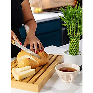 Bamboo Land- Large Bamboo Bread Board with Large Bread Knife and Crumb Catcher, Bread Cutting Board, Bread Boards Wooden, Bread Tray, Bread Cutting Board with Crumb Catcher, Tray to Cut Homemade Bread