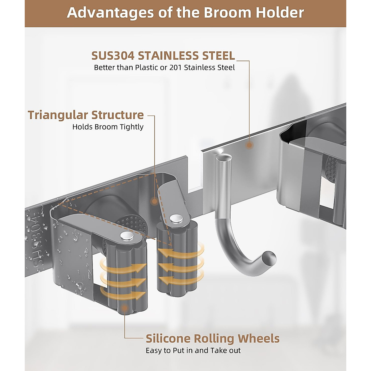 Broom Holder Over The Door 2PCS-304 Stainless Steel Mop and Broom Holder Wall Mounted or Hanging Over The Door with Hooks - Broom Hanger, Tool Organizer for Garage Closet Laundry -Space grey