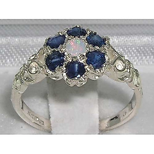 LetsBuyGold 925 Sterling Silver Real Genuine Opal and Sapphire Womens Cluster Engagement Ring - Size 6