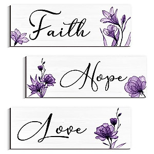 Creoate Purple Flower Wall Art 3 Pieces Faith Love Hope Wall Decor Motivational Wood Sign Hanging Plaque with Flower Art Print Farmhouse Home Living Room Bedroom Decor, Purple