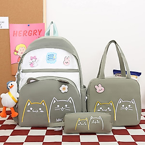 Kawaii Backpack for girls,17in Cute Cat Embroidery School Backpack Set with Lunch Bag Pencil Box,3PCS Aesthetic Student Bookbags,Green