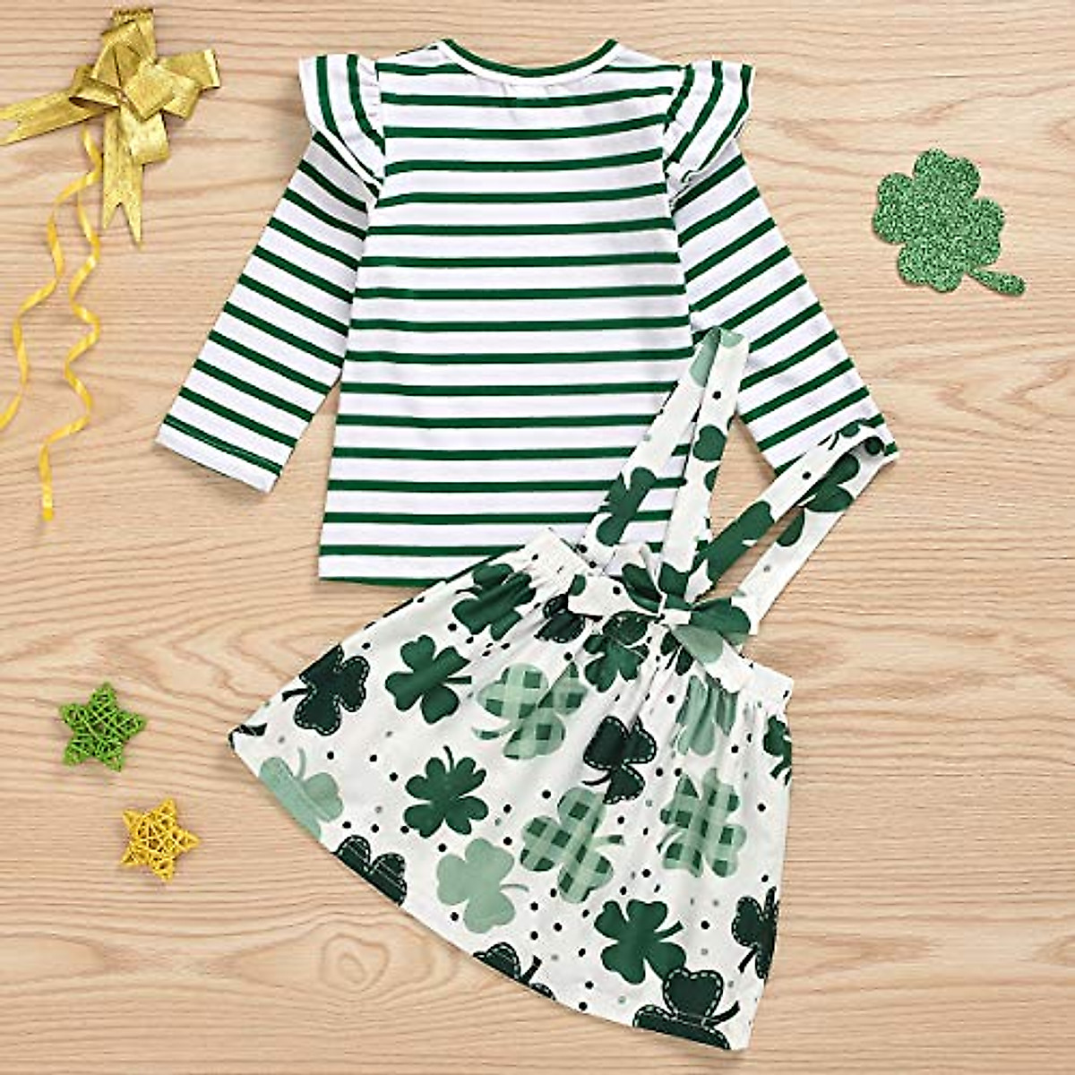 Baby Girl St.Patrick's Day Skirt Set Toddler Girls Ruffle Sleeve Shirts Clover Suspender Dress Outfits (Green-A, 18-24 Months)