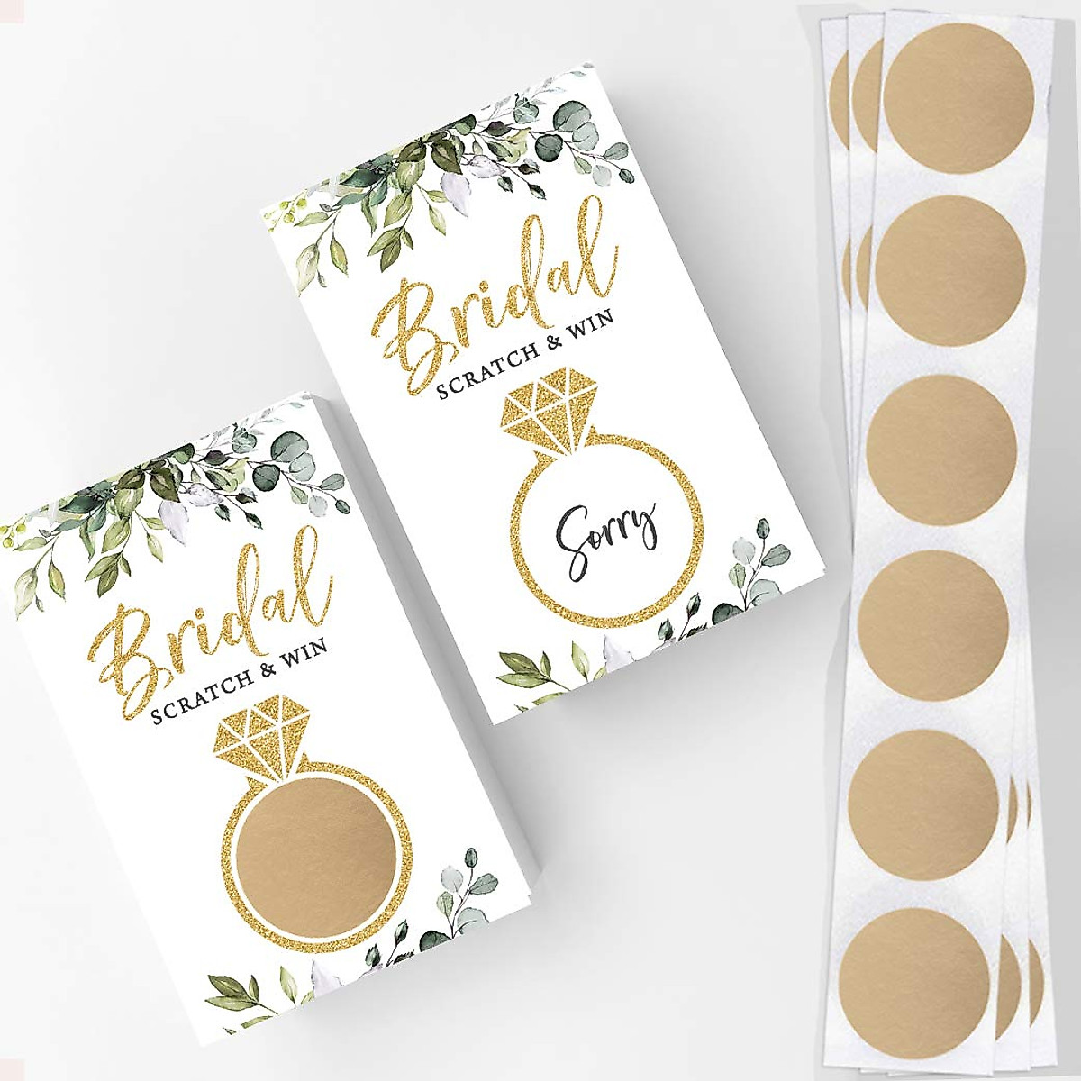 Printed Party Bridal Shower Games – Scratch Off Raffle Cards, Fun Wedding Shower Game, Botanical Eucalyptus Theme, 30 Cards & Stickers