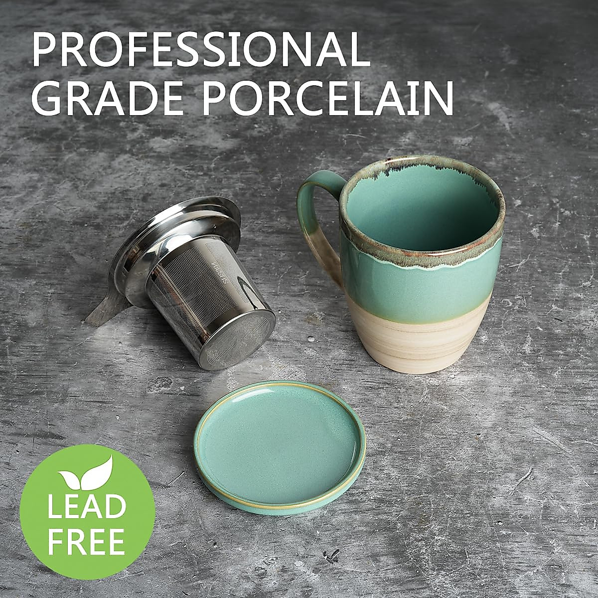 Bosmarlin Ceramic Tea Cup with Infuser and Lid, 16 Oz, Dishwasher and Microwave Safe, 5 Colors to Choose, Reactive Glaze, Steeping Tea Mug with Strainer (Green)