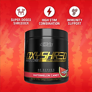EHP Labs OxyShred Hardcore Super Dosed Pre Workout Powder - Preworkout Powder with L Glutamine & Acetyl L Carnitine, Energy Boost Drink - 275mg of Caffeine - Watermelon Candy, 40 Servings