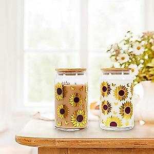 Whaline Glitter Sunflower Beer Can Glasses with Bamboo Lids and Straw Summer Sunflower Drinking Glasses Iced Coffee Cup for Holiday Travel Cocktails Whiskey Beer Soda Gifts, 2Pcs