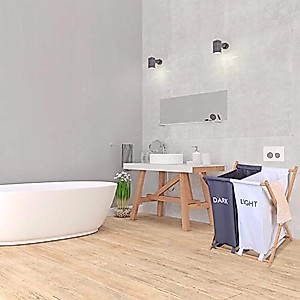 Homhope Large Double Laundry Basket Sorter with Hidden Handles, Foldable Bamboo X-Frame Dual Laundry Hamper, Dirty Clothes Basket with 2 Sections, Divided Laundry Organizer, Removable Waterproof Bag