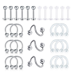 LAURITAMI 16G Cartilage Helix Tragus Stud Earring Twist Spiral Barbell Lip Rings Labret Stud Horseshoe Piercing Twisted Eyebrow Rings Piercing for Women Men Jewelry