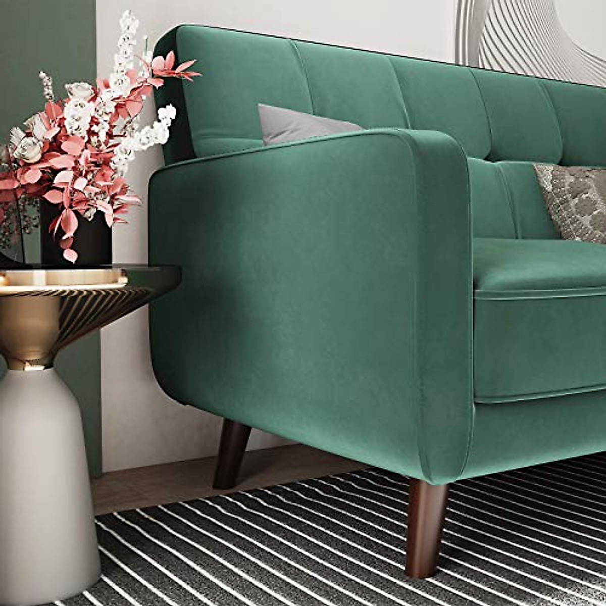 HONBAY Velvet Fabric Loveseat Sofa Tufted 2-Seats Sofa with Wood Legs Upholstered Loveseats for Small Space, Emerald Green