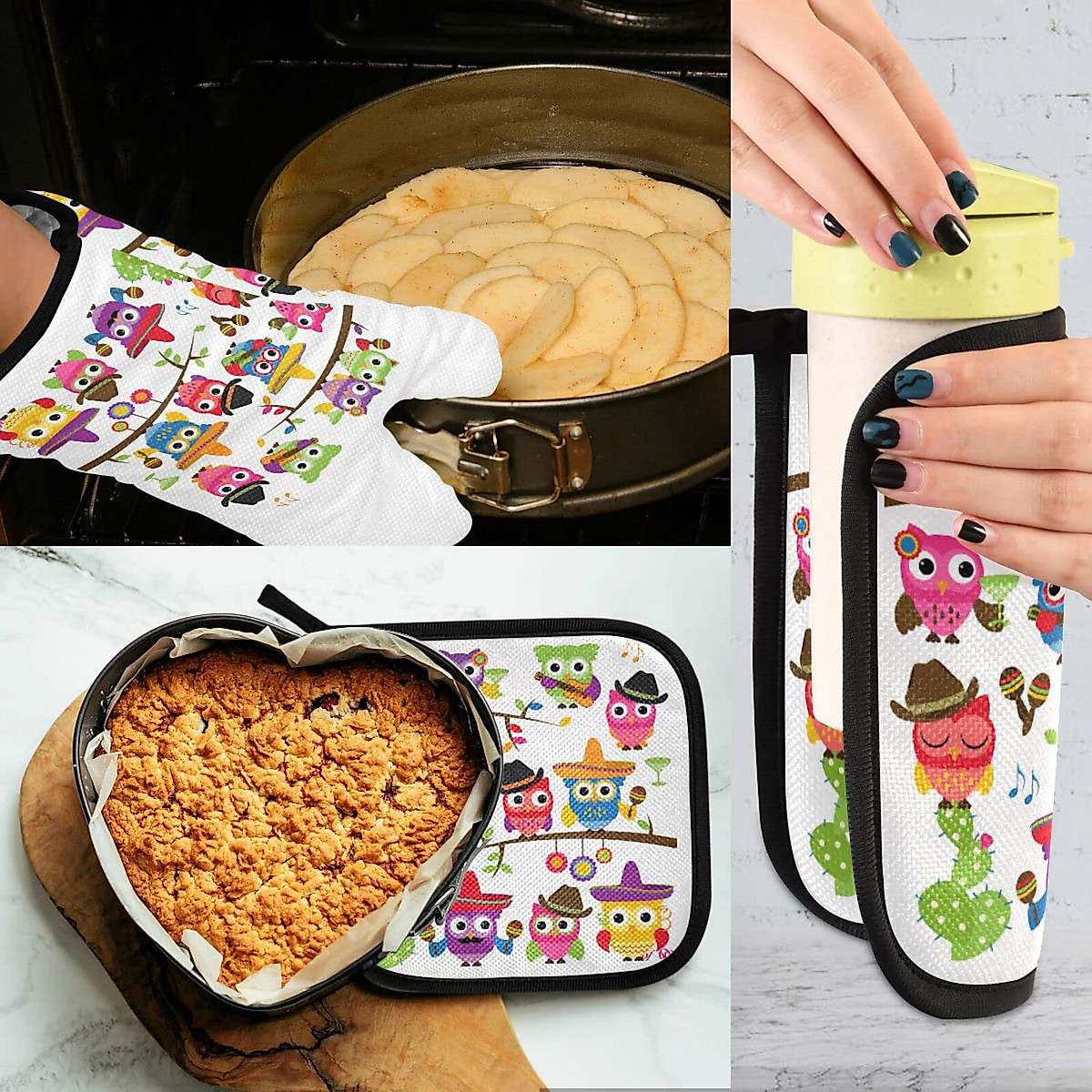 Oven Mitts Set Cinco De Mayo Owl Birds Pot Holders Spring Summer Kitchen Oven Glove Baking Mitts 2PCS Cooking Stove Gloves Potholders Heat Resistance Hot Pads for Grilling BBQ Holiday Decor Gift