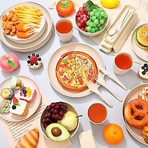 56 Pcs Wheat Straw Dinnerware Sets for 8 Reusable Plates and Bowls Set, Plastic Children Cups, Forks, Knives and Spoon Dishwasher Microwave Safe for Kitchen Camping Party Picnic Outdoor (Beige)