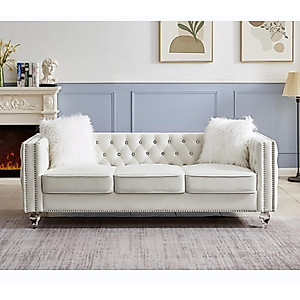 i-POOK 83" 3-Seater Chesterfield Sofa Couch, Tufted Upholstered Sofa with 2 Plush Pillows, Crystal Legs and Nailhead Trim Arms, Diamond Comfy Sofa for Living Room, Office, Guests Room, Beige
