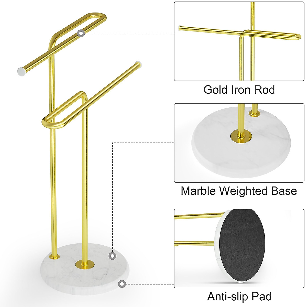 Alsonerbay Hand Towel Holder Marble, Double T Hand Towel Stand for Bathroom Counter Gold, 17" Height Free Standing Hand Towel Rack with Heavy Base for Kitchen or Vanity Countertop