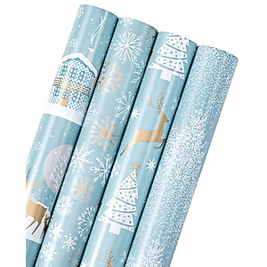 WRAPAHOLIC Christmas Wrapping Paper Roll - Blue and Silver Reindeer, Christmas Tree, Snowflake Holiday Design Printed on Pearlized Paper - 4 Rolls - 30 Inch x 120 Inch Per Roll