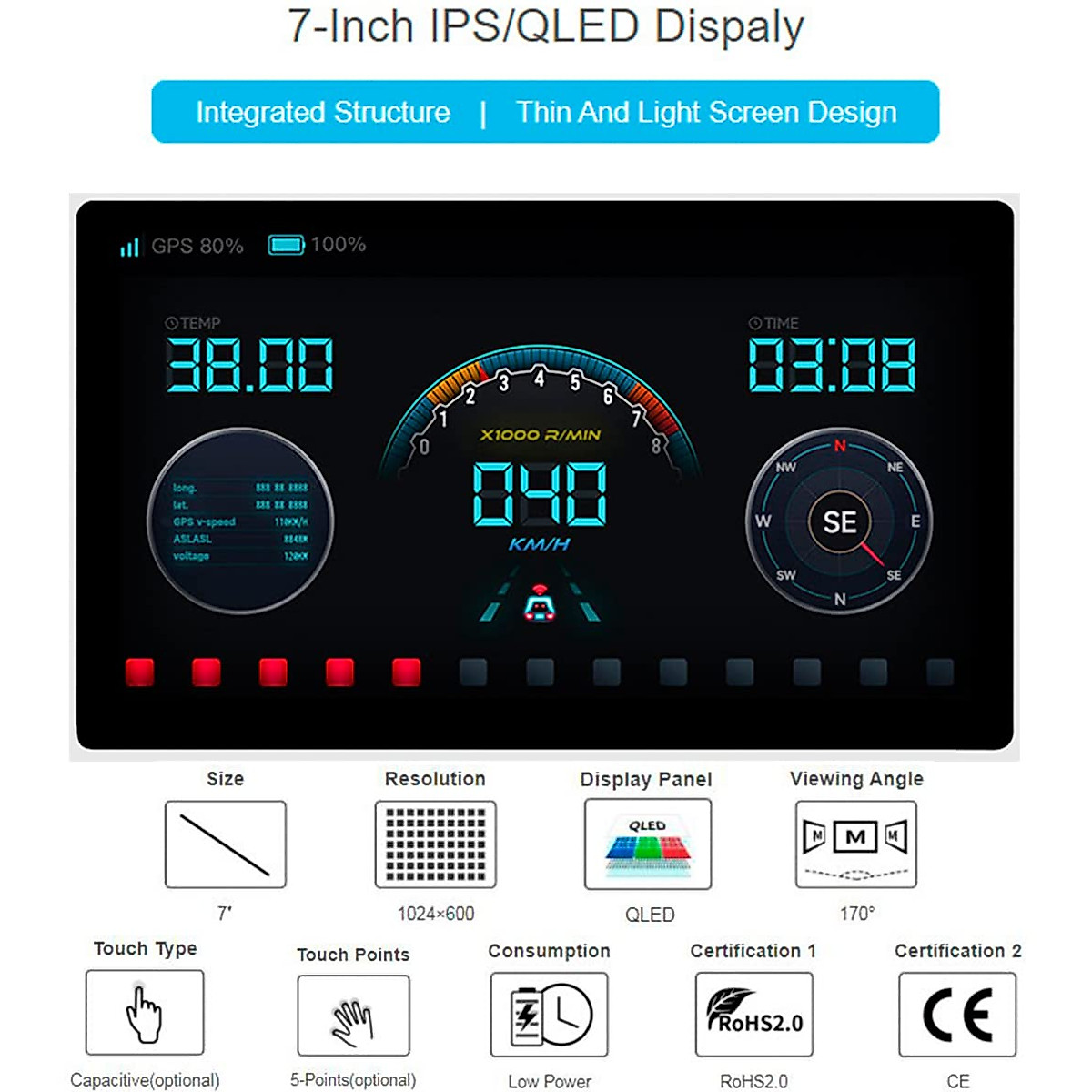 waveshare 7inch QLED Touch Capacitive Display 1024x600 Pixel, Integrated Thin and Light LCD with Adapter Board, for Raspberry Pi/Jetson Nano/Windows/PC, Support Windows/Linux/Android
