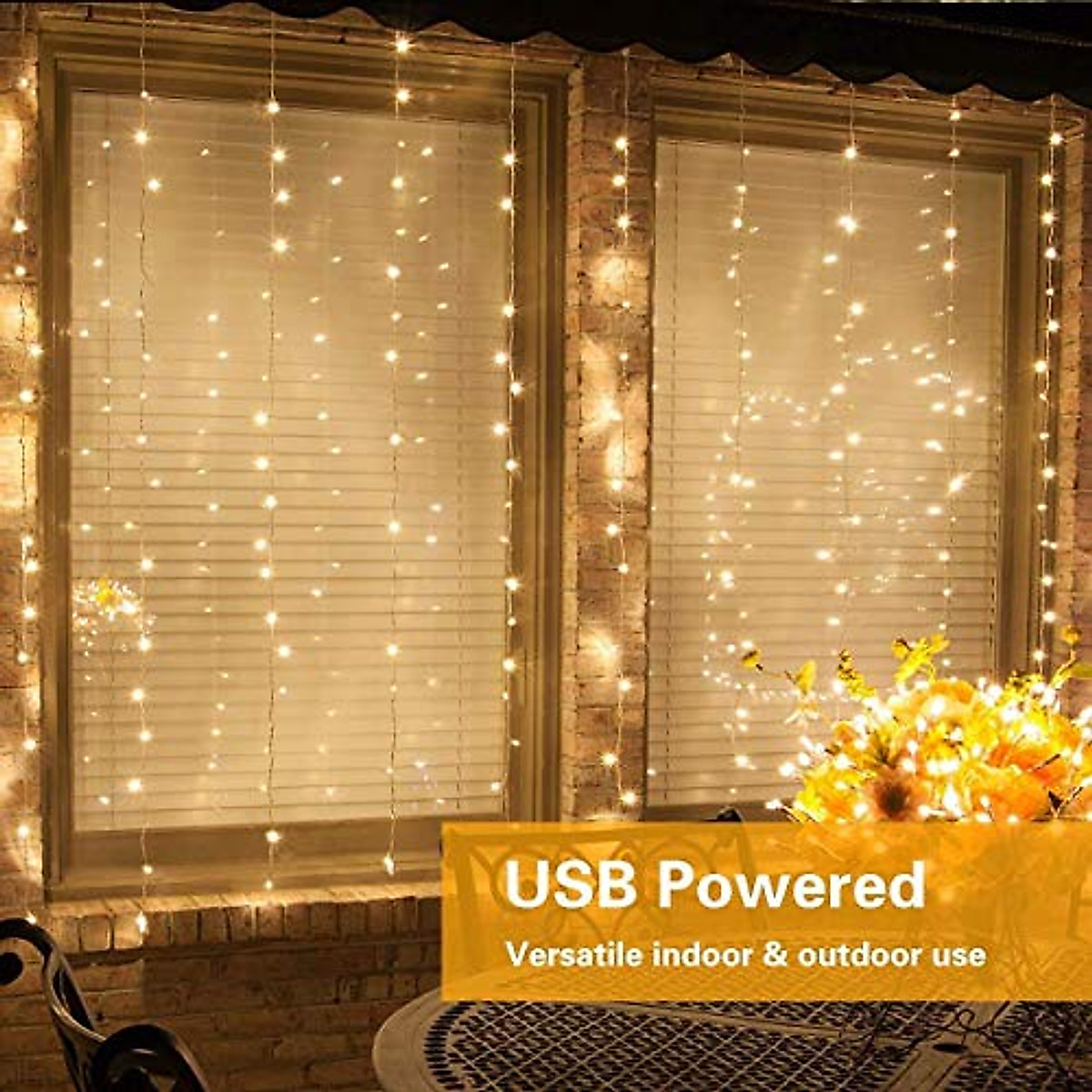 LIUPENGWEI LED Light String Curtain, Remote Control, 8 Modes Lights, Warm White LED 300 Fairy Lights, Decorative Light String Fairy, Home Garden Decoration Wedding Party Garden Ghost Light