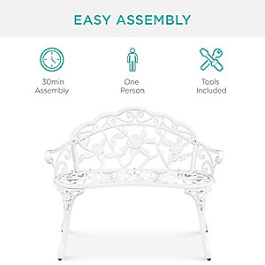 Best Choice Products Outdoor Bench Steel Garden Patio Porch Loveseat Furniture for Lawn, Park, Deck Seating w/Floral Rose Accent, Antique Finish - White
