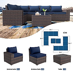 Kullavik Outdoor Patio Furniture Set 12 Pieces Sectional Rattan Sofa Set Brown PE Rattan Wicker Patio Conversation Set with 10 Navy Blue Seat Cushions and 2 Tempered Glass Table