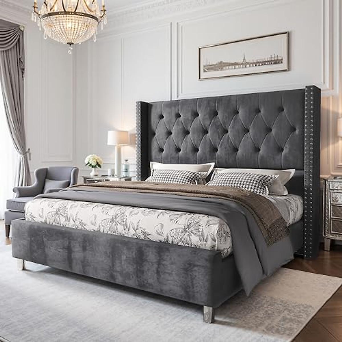 PaPaJet Upholstered Queen Bed Frame with Tall Headboard, Wingback Platform Bed, Velvet Tufted Button, No Box Spring Needed, Easy Assembly, Grey