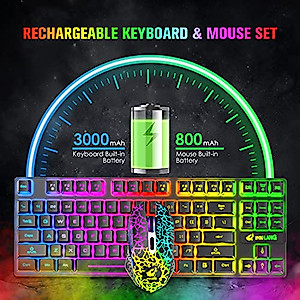Wireless Gaming Keyboard and Mouse Combo,Rainbow Backlit Rechargeable 3800mAh Battery,87 Keys Mechanical Feel Ergonomic Waterproof Keyboard,RGB Gaming Mute Mouse and Mousepad for PC Gamers (Black)