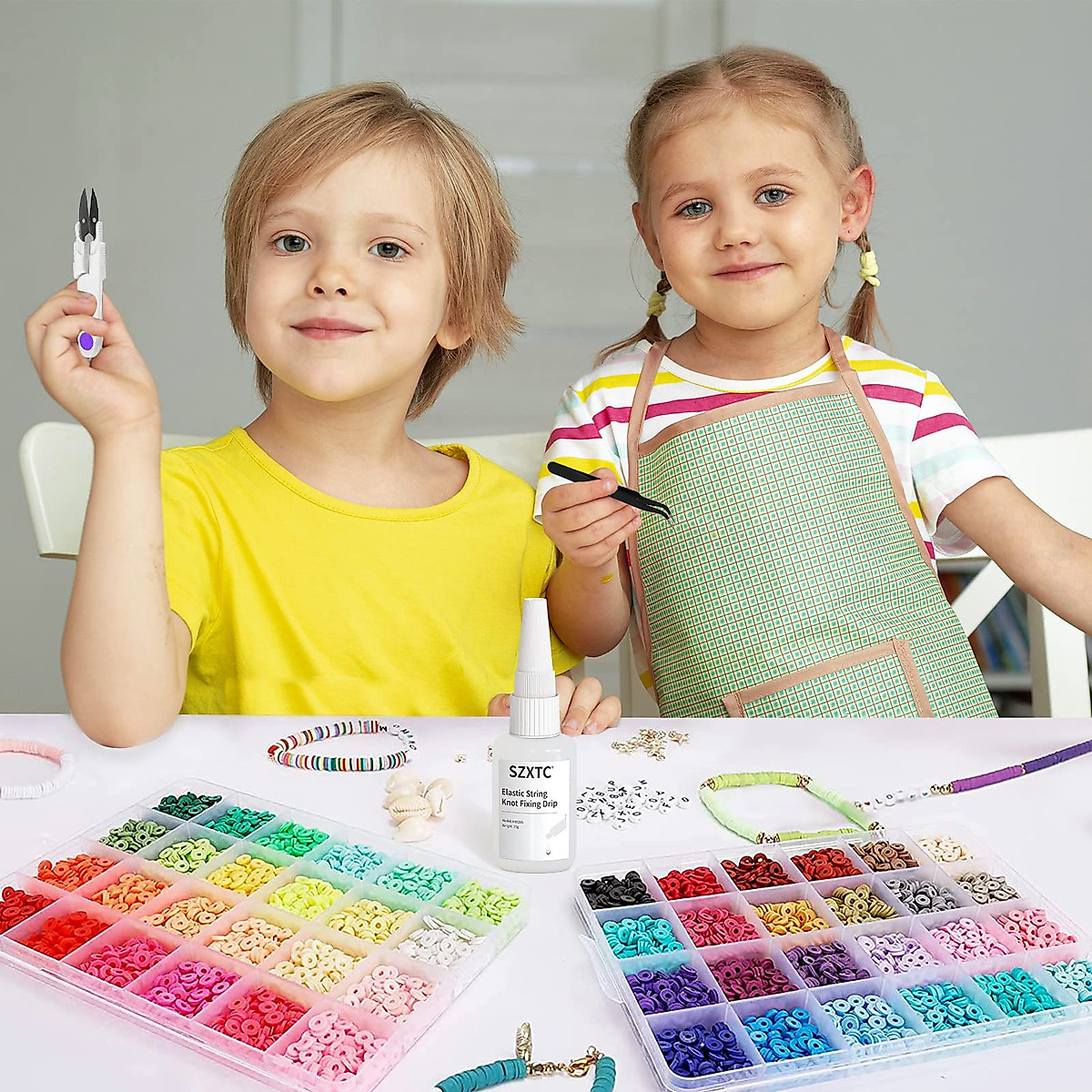 2 Pcs Clay Beads Bracelets Professional Elastic String Kont Fixing Drip, Keep Stretch String Braclet Stay Tied for Flat Round Polymer Clay Beads Heishi Beads Spacer Charm Bracelet Jewelry Making Kit