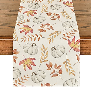 Artoid Mode Orange Pumpkins Fall Maple Leaves Fall Table Runner, Seasonal Autumn Kitchen Dining Table Decoration for Home Party Decor 13x72 Inch