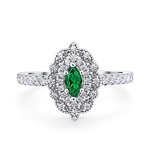 Blue Apple Co. Simulated Green Emerald CZ Size-6 Vintage Style Art Deco Marquise Wedding Engagement Bridal Ring Round Simulated Cubic Zirconia 925 Sterling Silver