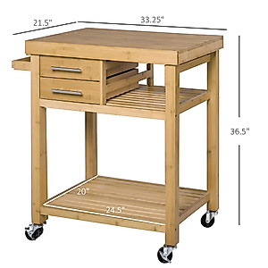 HOMCOM Bamboo Kitchen Island Cart on Wheels, Utility Trolley Cart with 2 Storage Drawers and Open Shelves, Natural