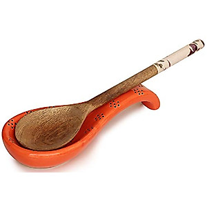 ABHANDICRAFTS Metal Spoon Rest with Red Ceramic Dish - Upright Utensil Holder for Stovetop & Kitchen Organization Standing Spoon Rest for Kitchen Countertop (AB-SPOON-015)