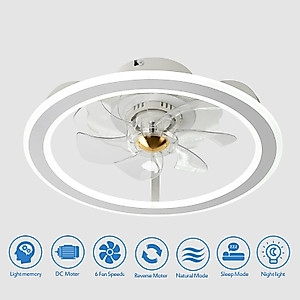 7000FAN Flush Mount Ceiling Fans with Lights Remote Control, Dimmable LED Light 6 Speed Enclosed Ceiling Fan, Low Profile Bladeless Ceiling Fan for Bedroom/Living Room/Small Space, White