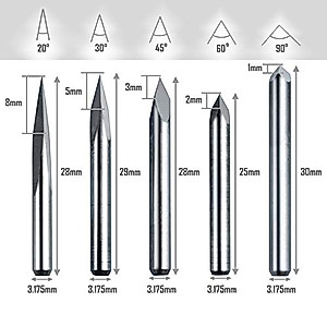 10pcs CNC Router V Bits, 3 Edge Pyramid Engraving, 1/8" Shank CNC 3D Milling Cutter| 20/30/45/60/90 Degrees, 0.1mm Tip