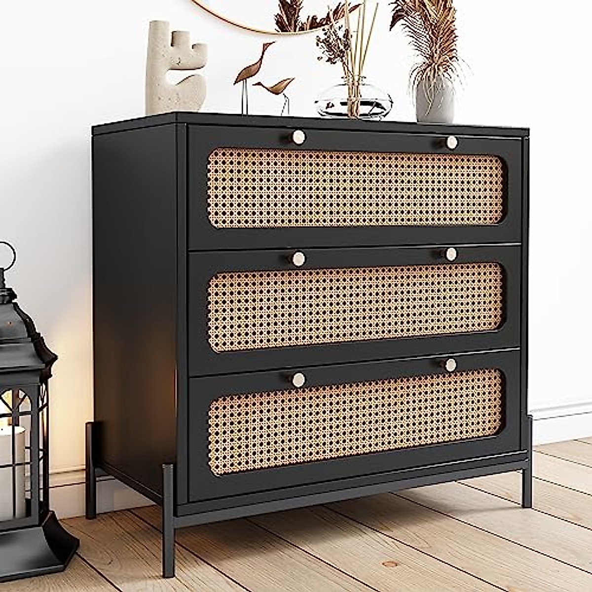 CKLMMC Modern 3-Drawer Chest,Cannage Rattan Closet,Wood Storage Cabinet Sideboard for Bedroom, Living Room, Entryway, Hallway (Black#Rattan*c)