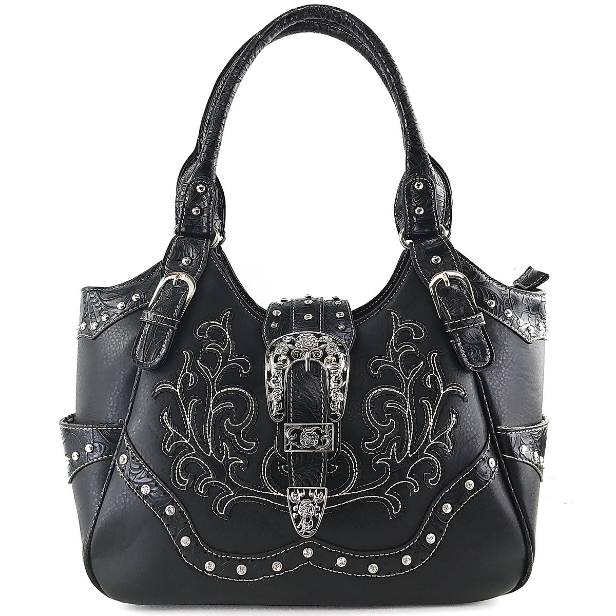 Justin West Concealed Carry Laser Cut Leather Floral Embroidery Rhinestone Berry Concho Studded Shoulder | Tote | Handbag Purse | Messenger Crossbody | Trifold Wallet (Black Purse and Wallet Set)