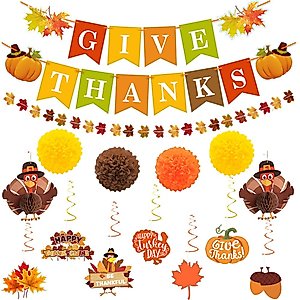 Thanksgiving Decorations Indoor, Thanksgiving Party Decorations Set Includes 3 Pre-strung Banners, 18 Hanging Swirls, 2 Turkey Honeycombs, 4 Tissue Pom Poms for Office, Classroom, Home Decor
