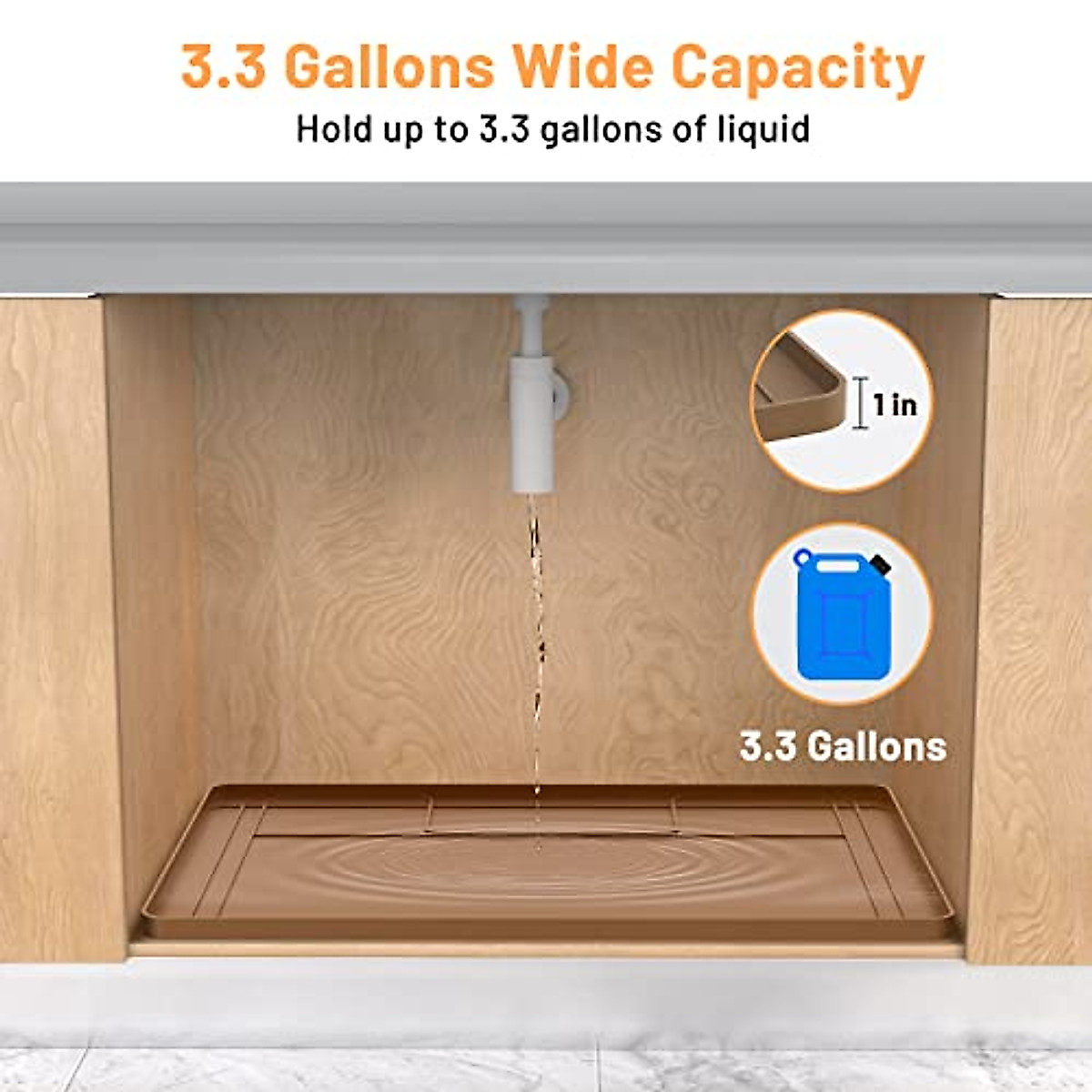 Under Sink Mat for Kitchen Waterproof, 34" x 22" Silicone Thicken Trimmable Cabinet Mat, Under Sink Drip Tray for Kitchen Bathroom Cabinets, , Adjustable Size, Hold up to 3.3 Gallons Liquid (Brown)
