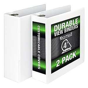 Samsill Durable 4 Inch Binder, Made in The USA, Locking D Ring Customizable Clear View Binder, White, 2 Pack, Each Holds 700 Pages