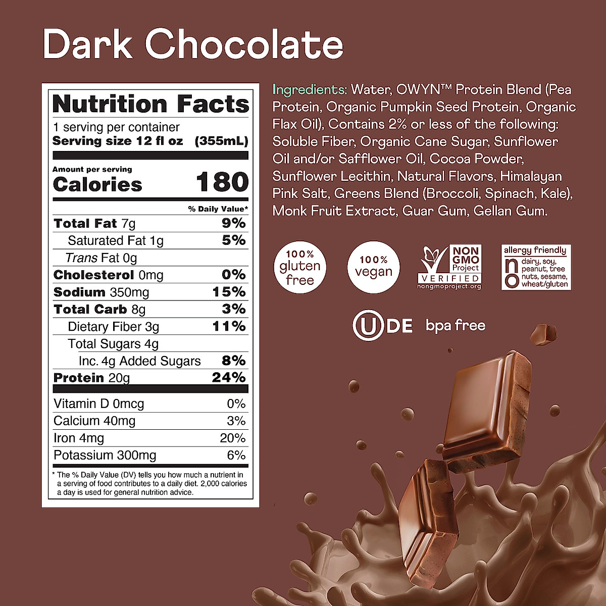 OWYN, Vegan Protein Shake, Dark Chocolate,12 Fl Oz (Pack of 12), 100-Percent Plant-Based, Dairy-Free, Gluten-Free, Soy-Free, Tree Nut-Free, Egg-Free, Allergy-Free, Vegetarian, Kosher …