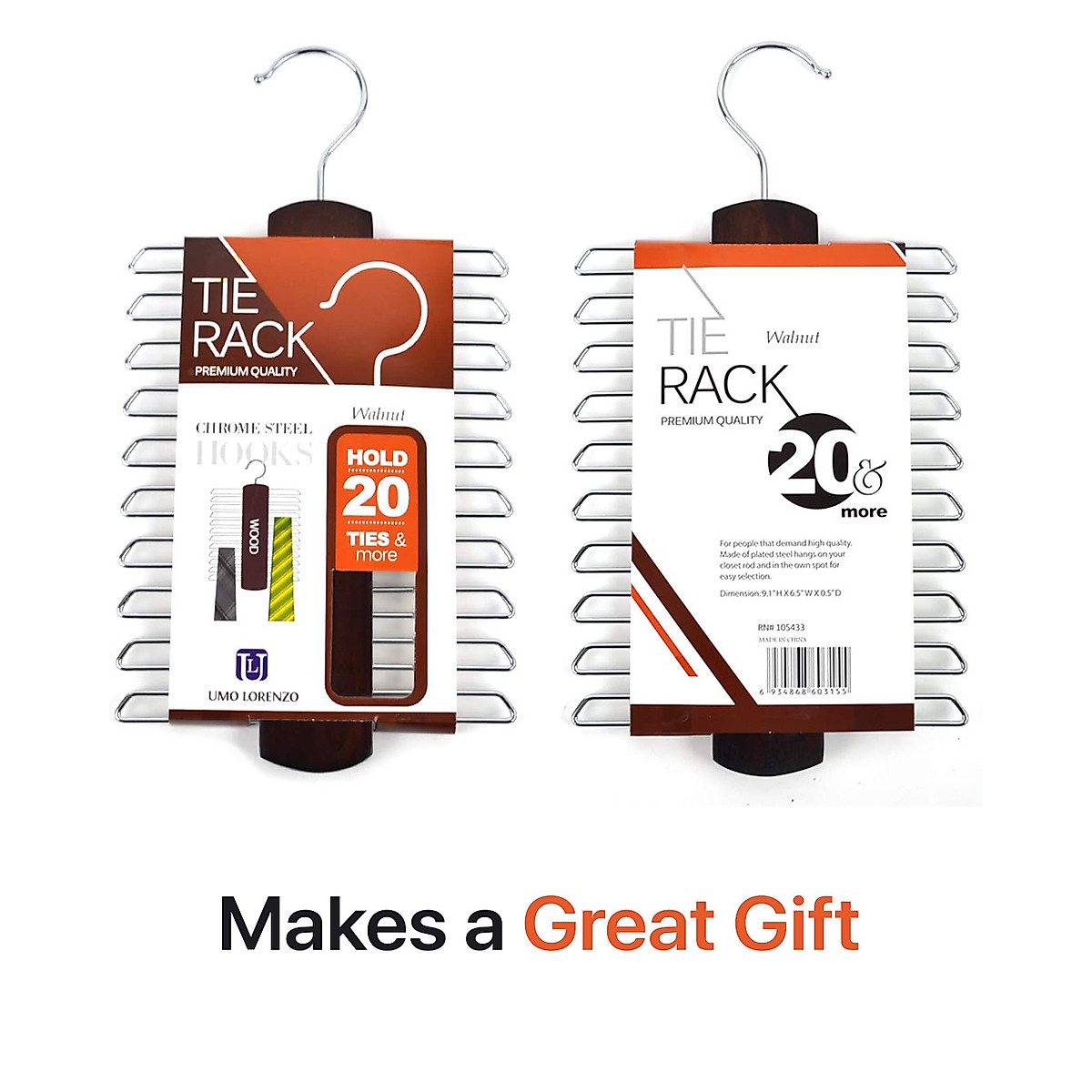 Umo Lorenzo Premium Wooden Necktie and Belt Hanger, Walnut Wood Center Organizer and Storage Rack with a Non-Slip Finish - 20 Hooks (Wooden)