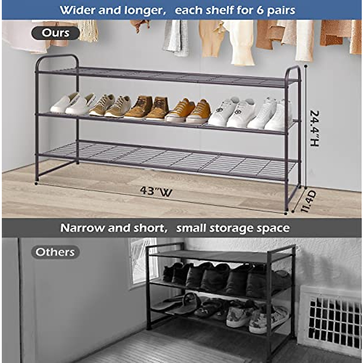 KEETDY Long 3 Tier Shoe Rack for Closet and 8 Pockets Door Shoe Organizer