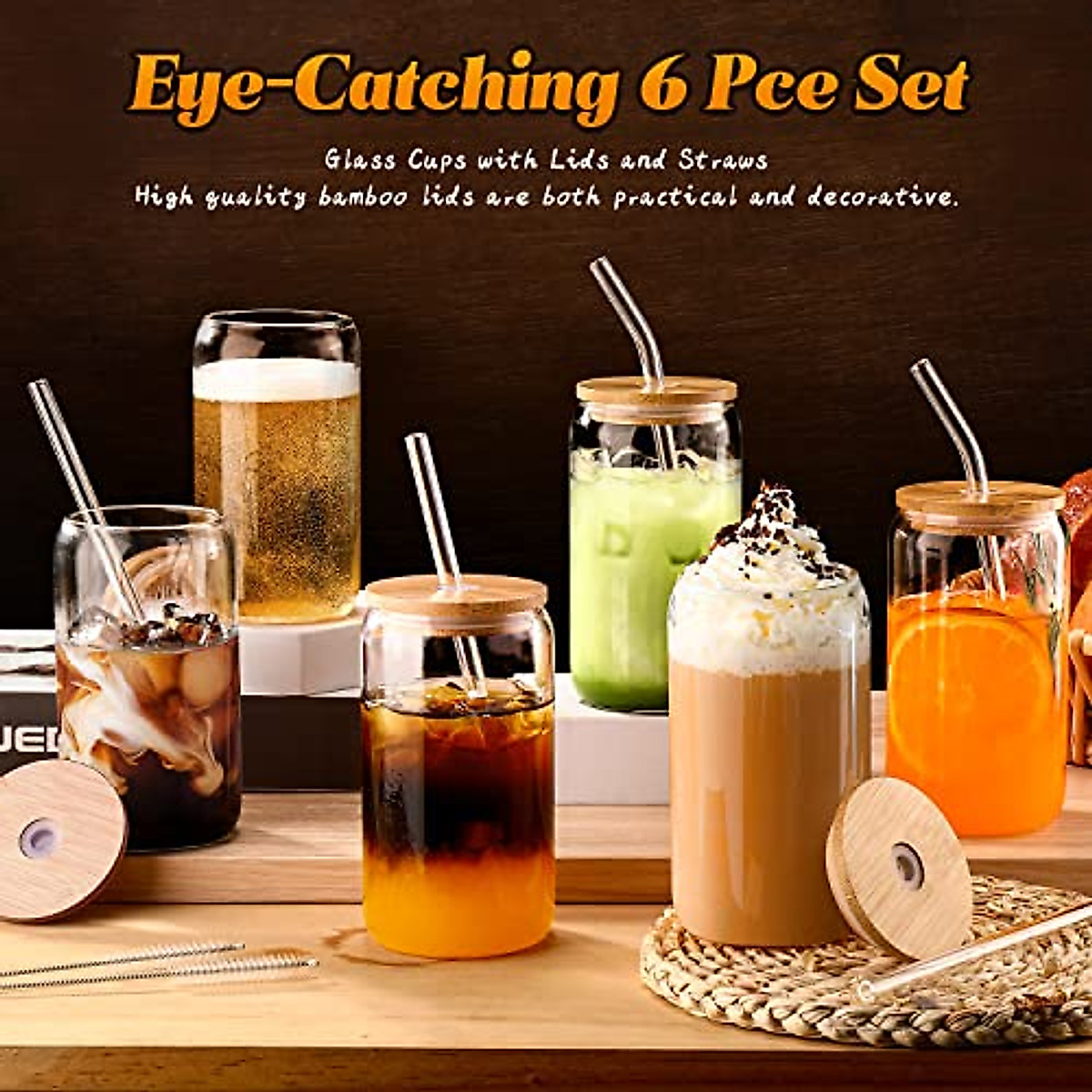 DWTS DANWEITESI Glass Cups with Lids and Straws 6pcs,16oz Glass Iced Coffee Cups with Lids- Glass Coffee Cups,Drinking Glasses with Bamboo Lids