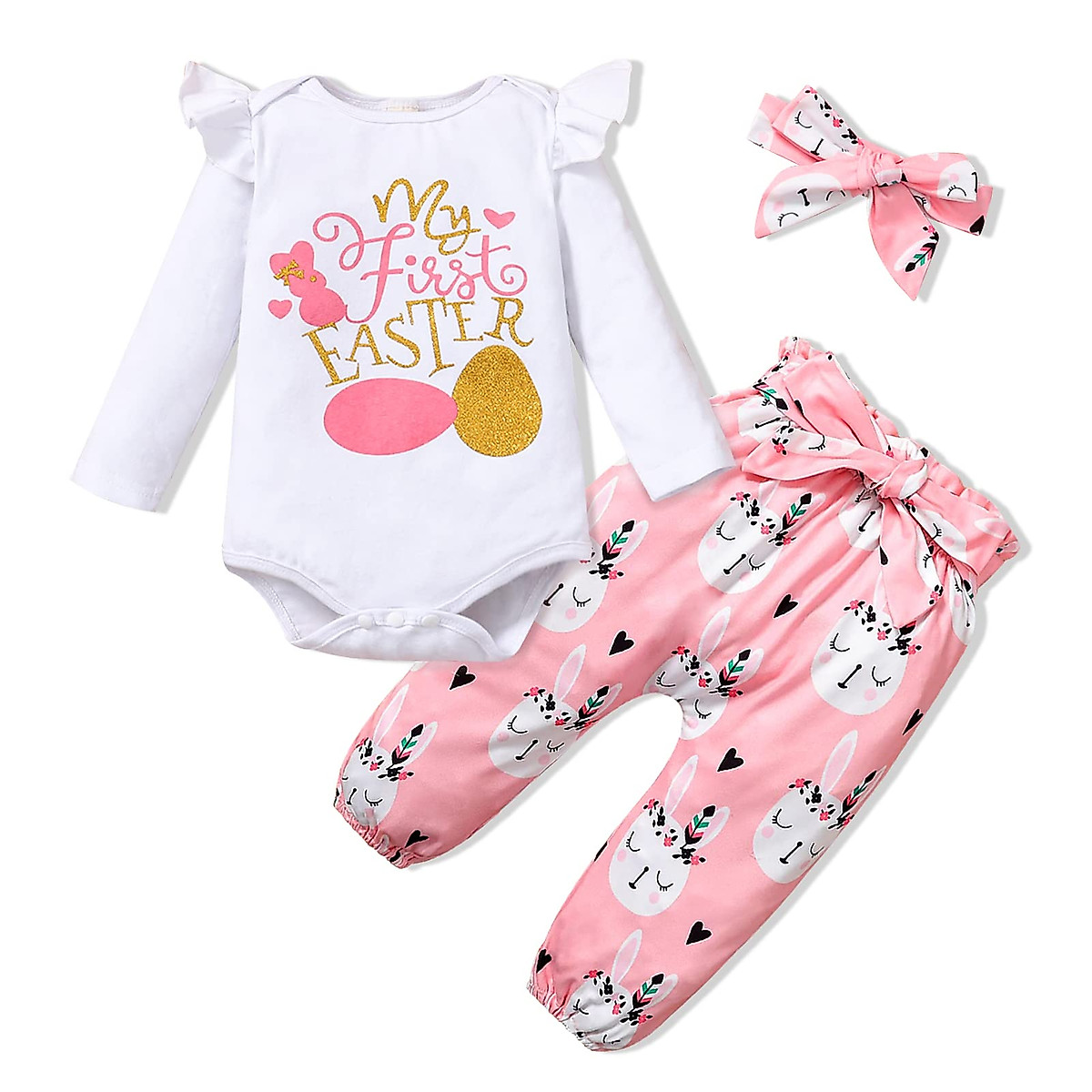 GRNSHTS Baby Girl My First Easter Outfits Infant Letter Print Long Sleeve Romper+Bunny Pants+Headband 3Pcs Clothes (White,6-9M)