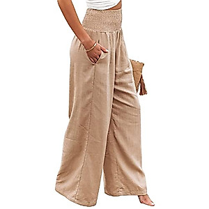 LIORAITIIN Women Cotton Linen Pants Elastic High Waist Loose Wide Leg Palazzo Lounge Sport Yoga Trousers with Pockets (Khaki, Large)