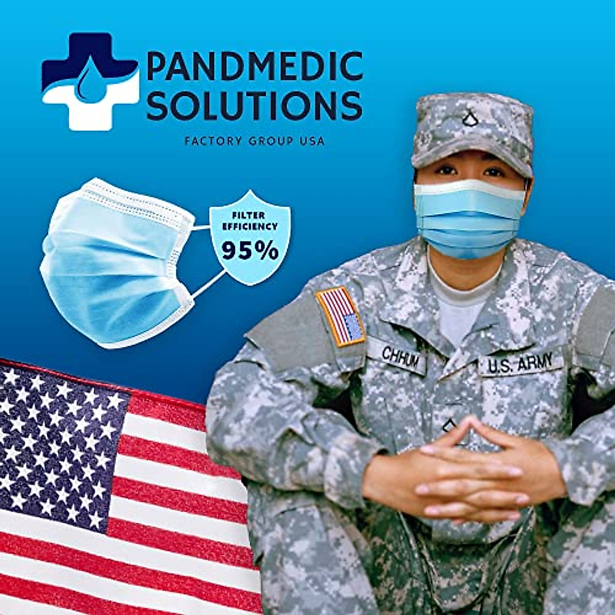 PandMedic Disposable Face Mask MADE in USA | Premium Medical American 3 Ply Safety Face Masks Breathable With Elastic Ear Loops - 50ct Box