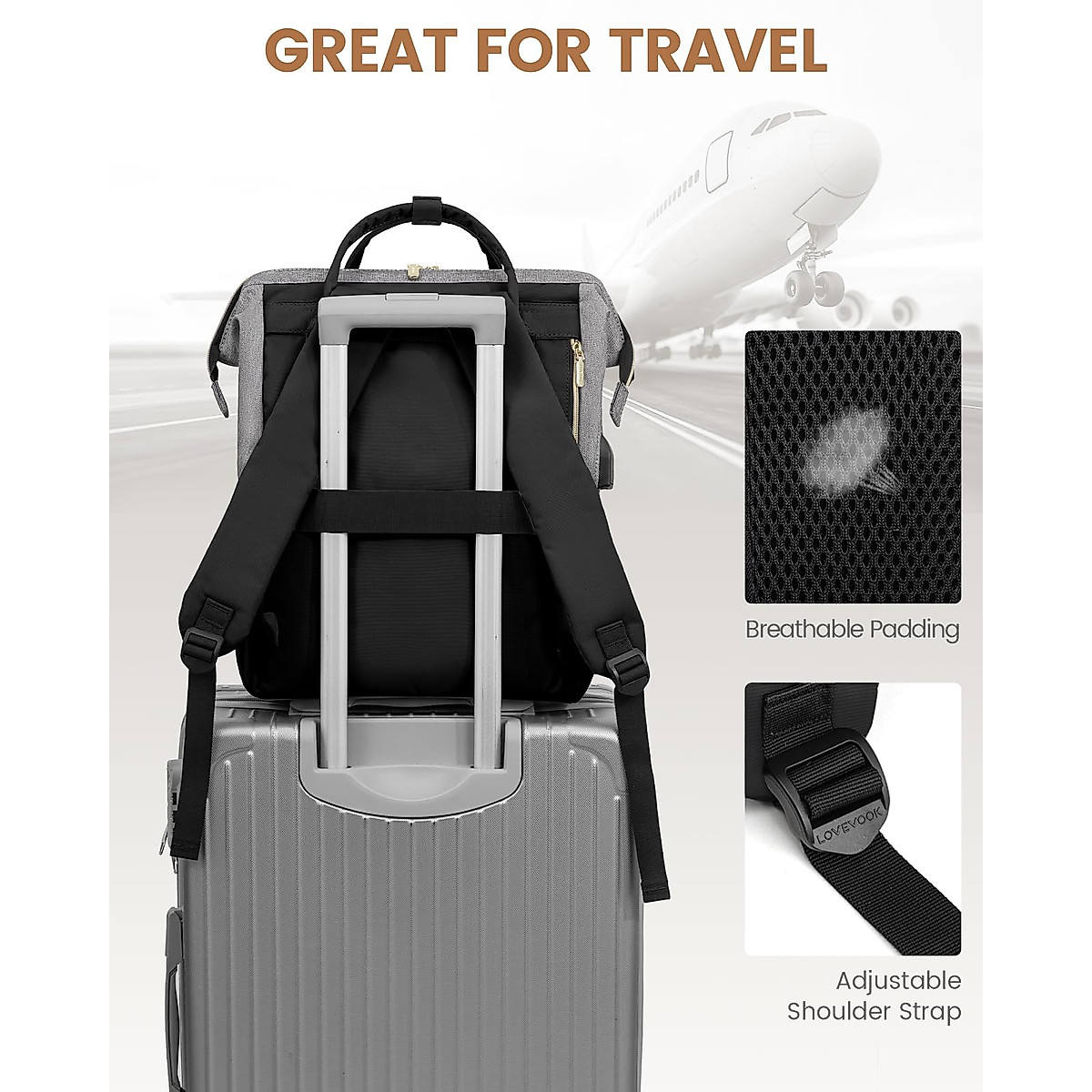 LOVEVOOK Laptop Backpack for Women Fashion Business Computer Backpacks Travel Bags Purse Student Bookbag Teacher Doctor Nurse Work Backpack with USB Port, Fits 17-Inch Laptop Grey Black